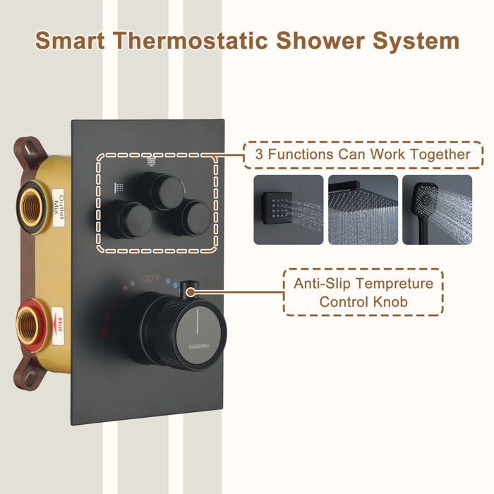 CASAINC Revitalize 3-Function 12 Inch Wall Mount Rainfall Thermostatic Shower System with 6 Body ...